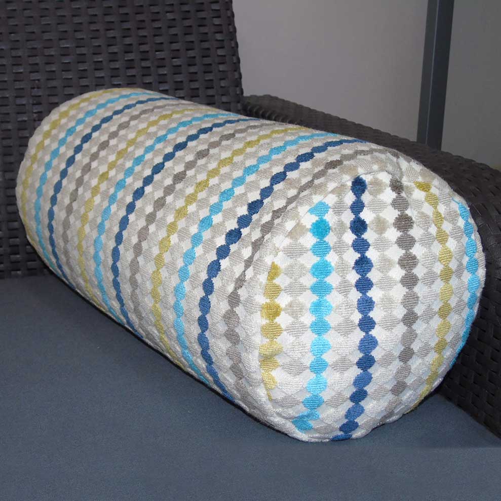 Blue Multi Fabric Pattern Bolster 8" x 17" Cylinder Shape. - Dunrich Ltd
